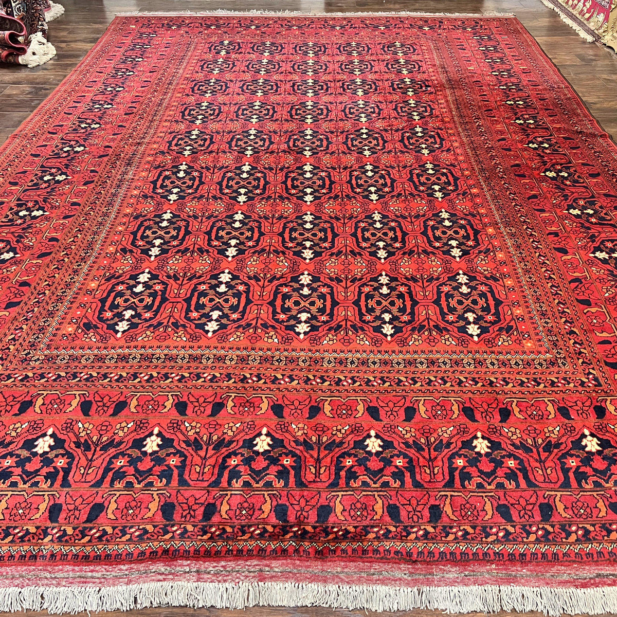 Afghan Rug 9x14, Wool Hand Knotted Vintage Carpet, Red, Beshir Rug, La ...