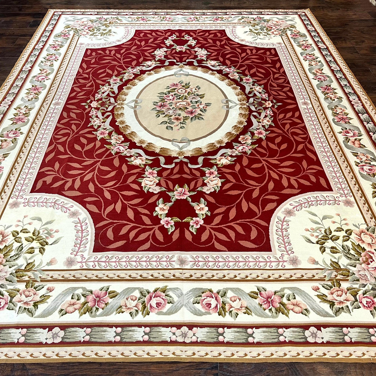 Wonderful Aubusson Rug 9x12, Handmade Vintage Needlepoint Carpet, Red ...