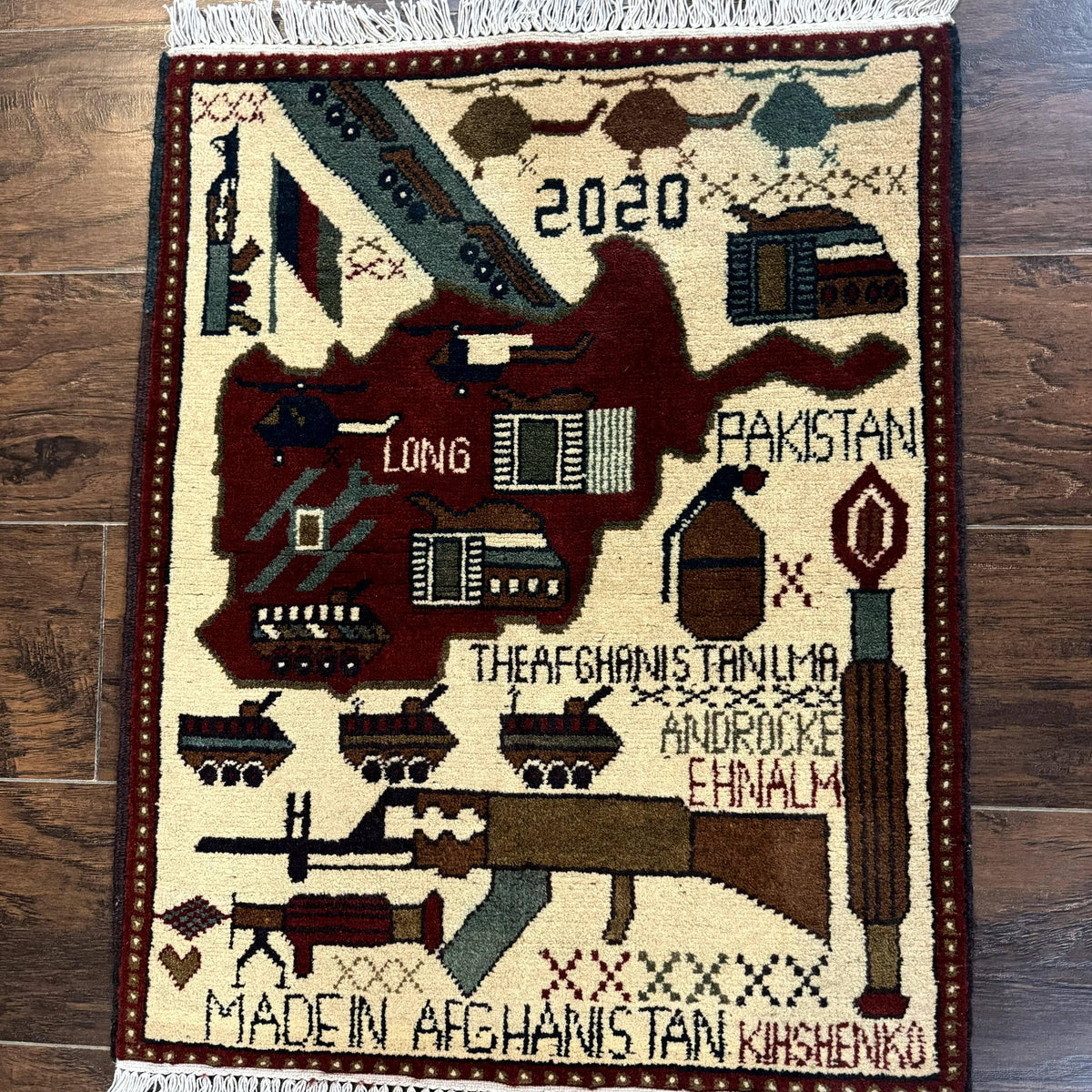 Afghan War Rug 2 x 2.6, Guns Tanks Helicopters – Jewel Rugs