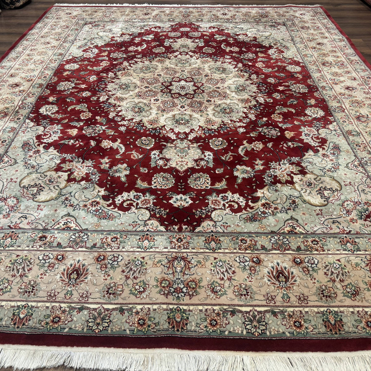 Sino Persian Rug 8x10, Floral Medallion, Wine Red, Wool & Silk Highlig ...