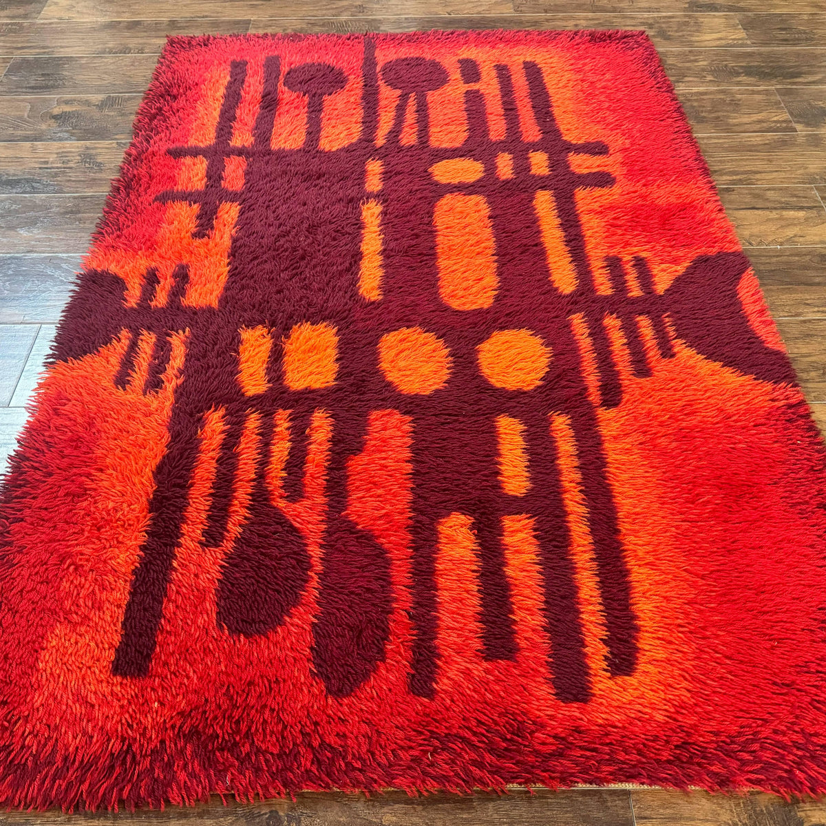 Danish Rya Shag Rug 4x6, Red Vintage Mid Century Retro Abstract Shag R ...