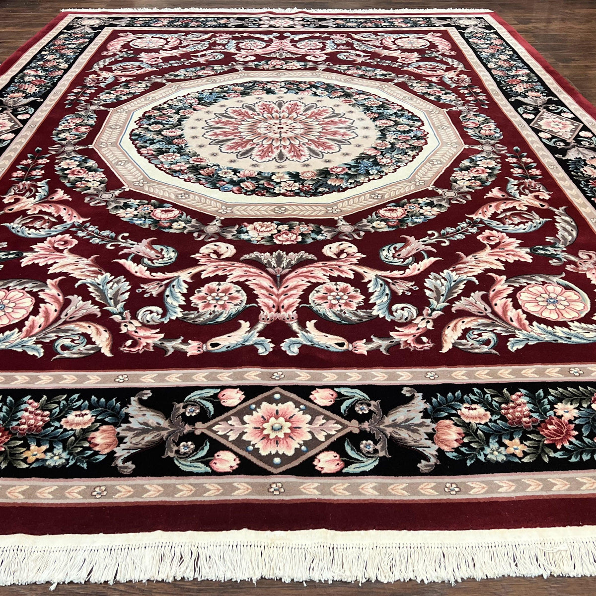 Chinese Aubusson Rug 9x12, Burgundy, Handmade Vintage Wool Carpet, Fin ...