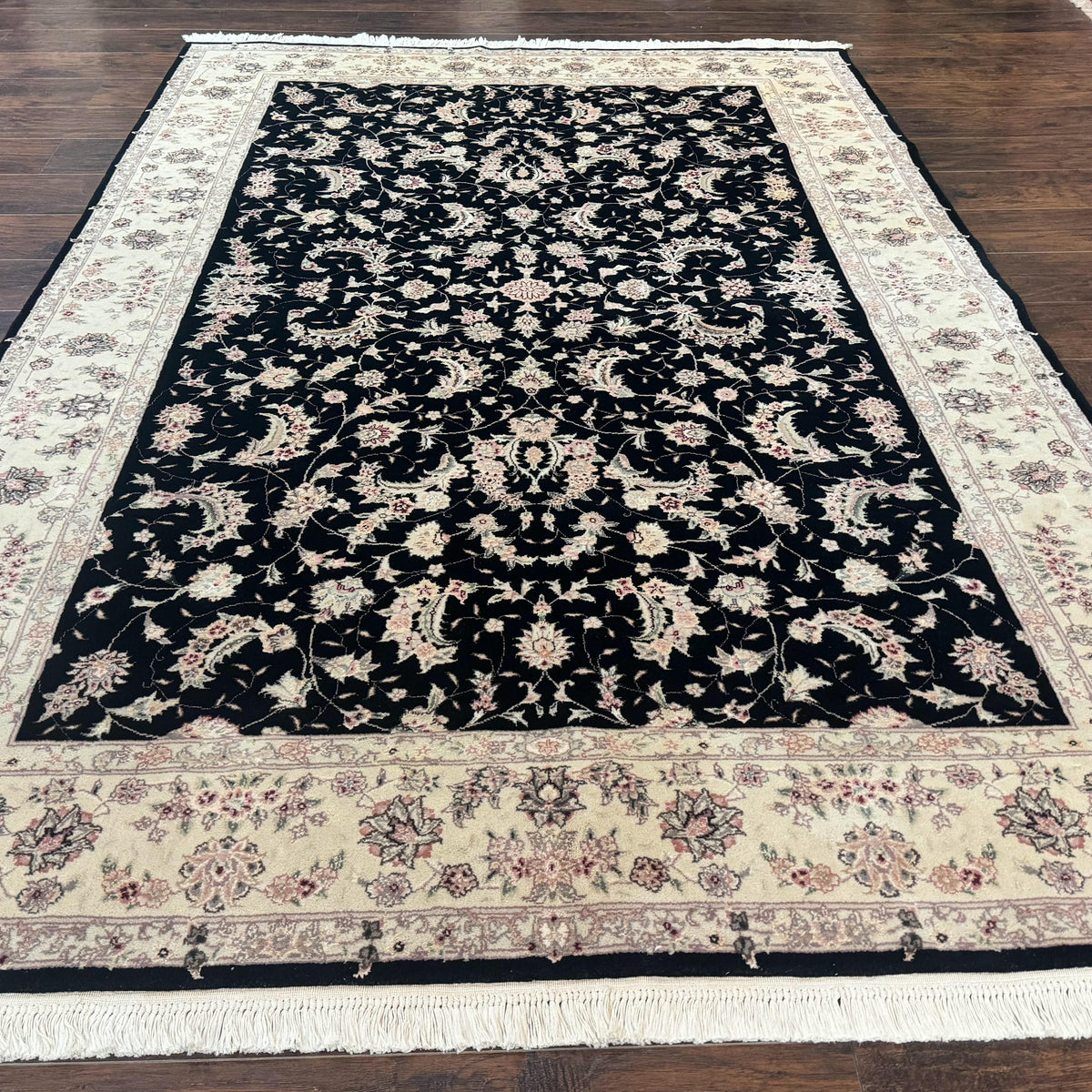 Sino Persian Rug 6x9, Black and Ivory, Wool and Silk Highlights, Handm ...