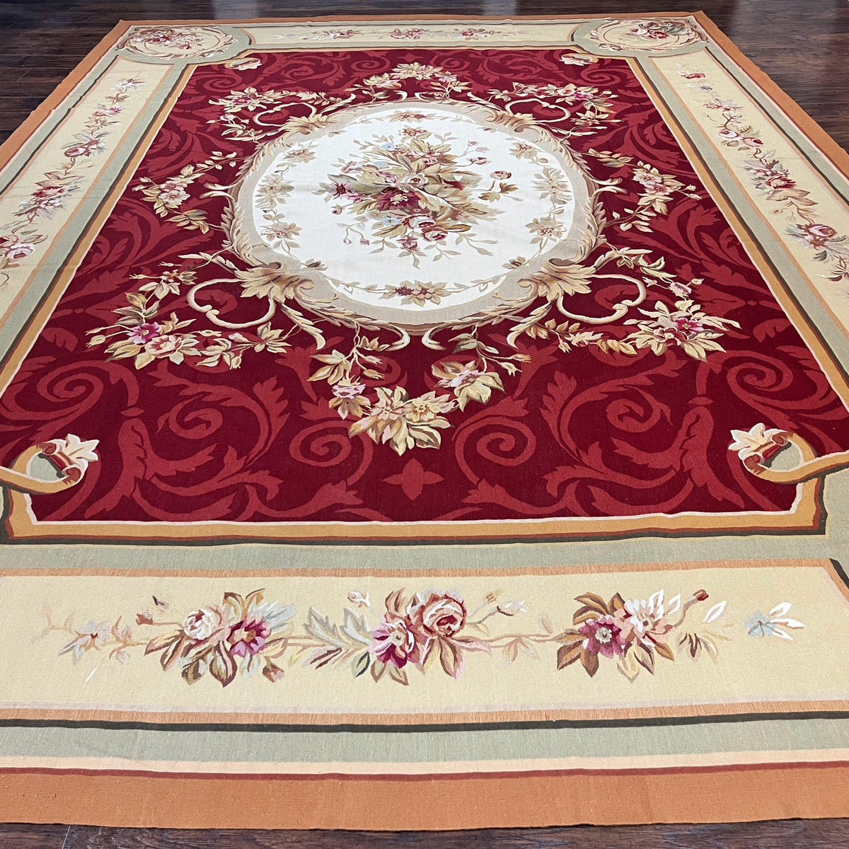 Large Aubusson Rug 10x14, Wool Handmade Vintage Carpet, Dark Red Ivory ...