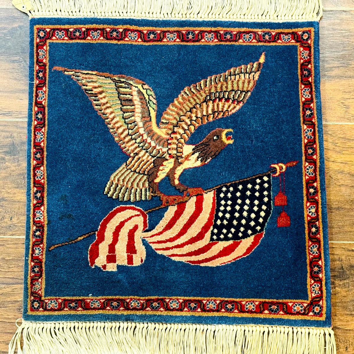 Pictorial Rug of American Flag with Bald Eagle, Small Indo Persian Pic ...