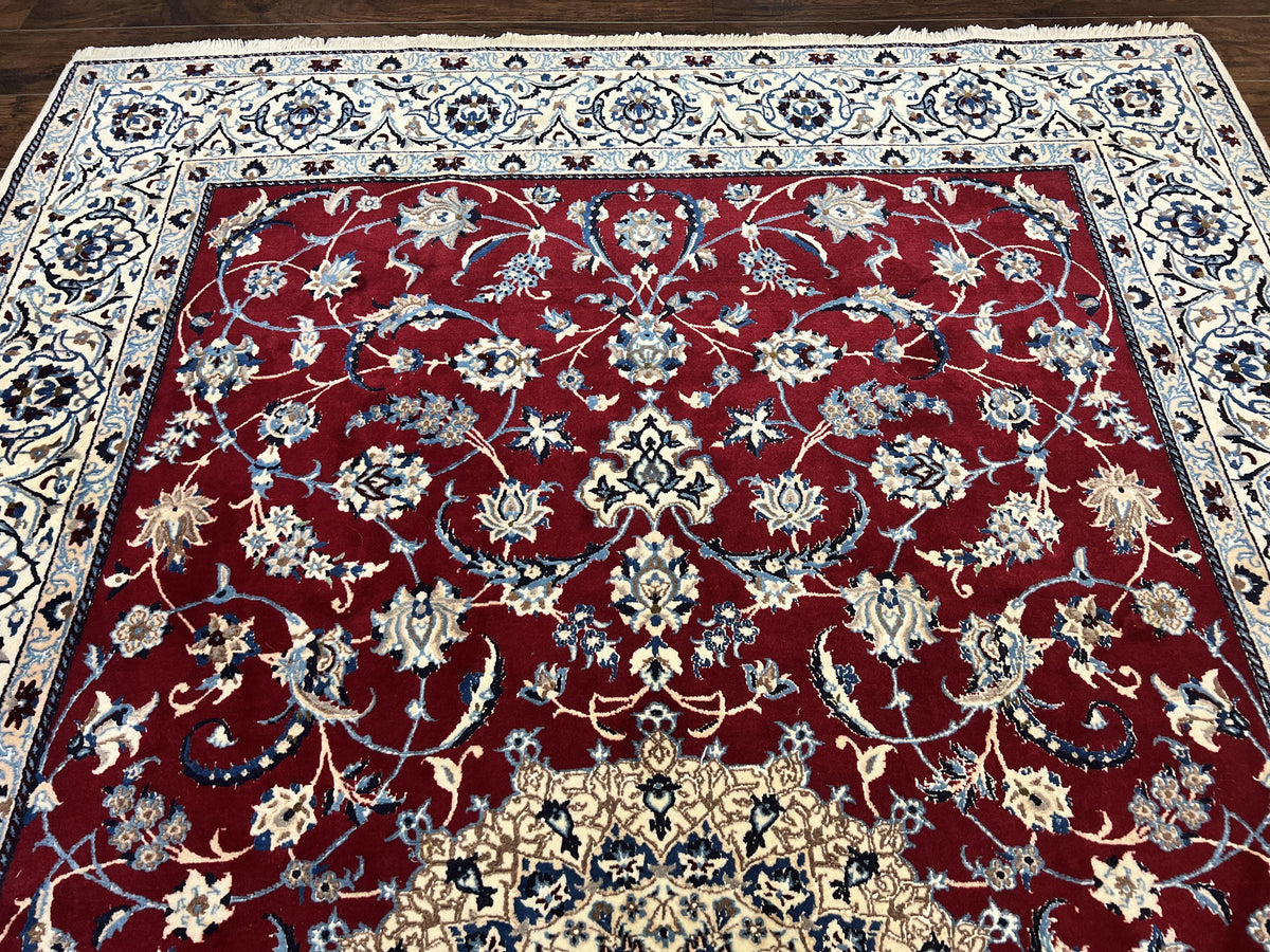 Persian Nain Rug 6x10, Wool and Silk Highlights, Red and Ivory, Floral ...