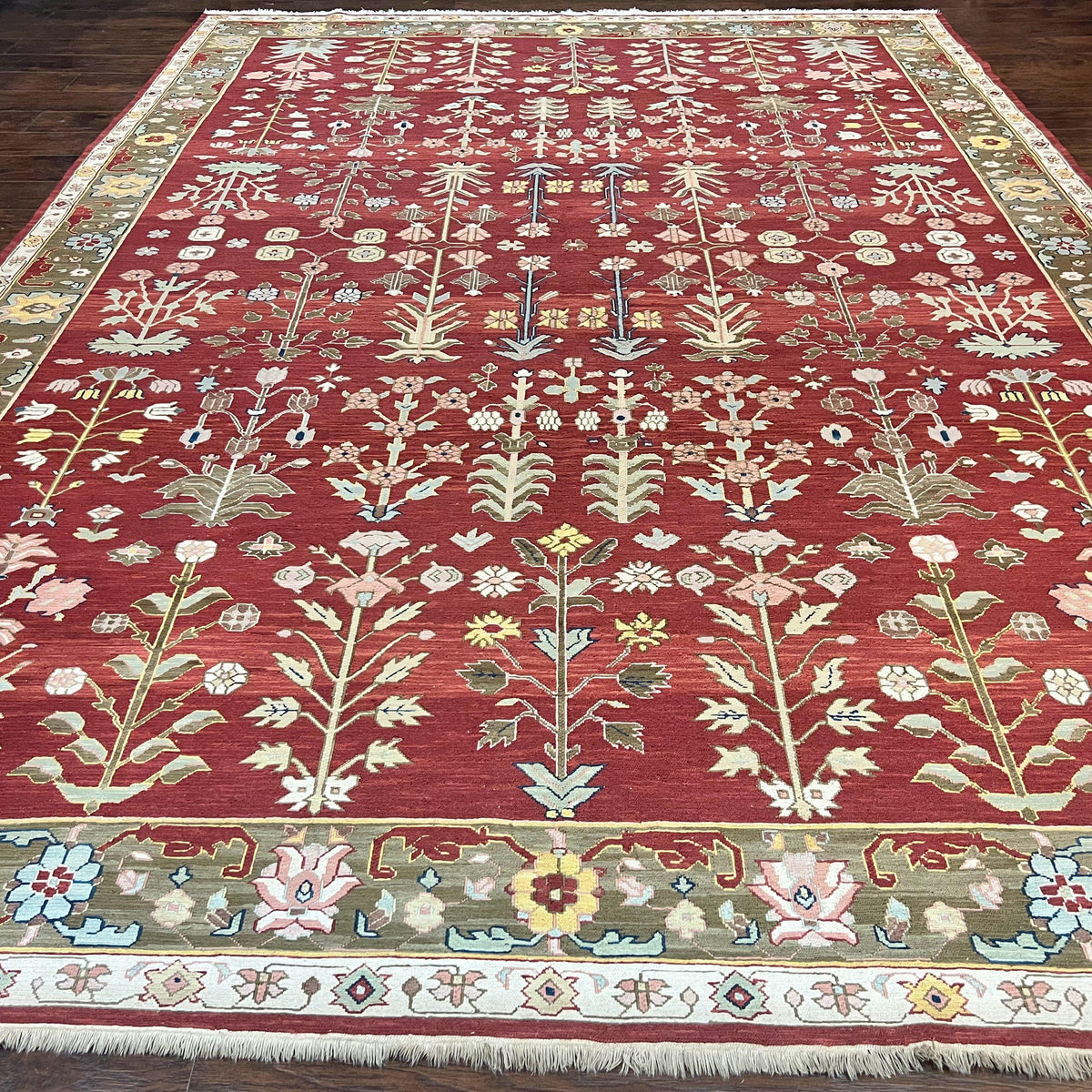 Indian Rug 10x14, Wool Hand Knotted Flatweave Carpet, Tree of Life, Re ...
