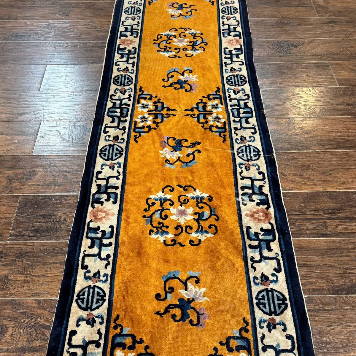 Chinese Peking Runner Rug 2x15 – Orange Ivory & Blue, Hand-Knotted Woo ...