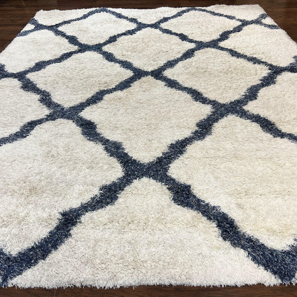 Modern Shag Rug 9x12, Ivory and Dark Blue, Diamond Pattern, Soft, Room ...