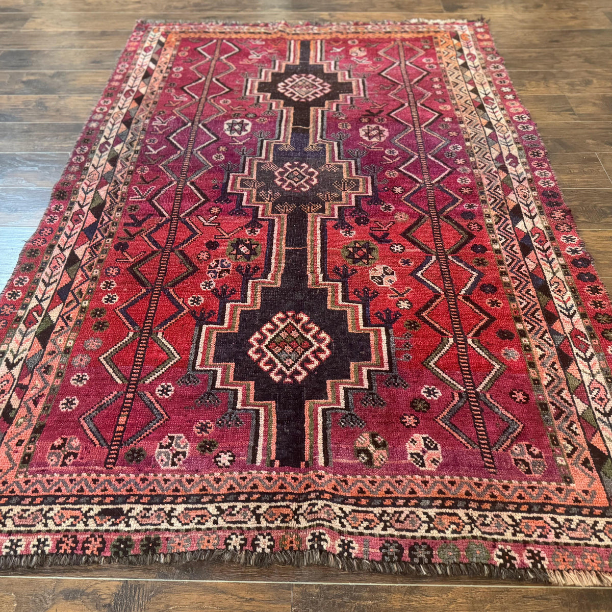 Persian Tribal Shiraz Rug 5x8, Geometric, Raspberry Red and Charcoal ...