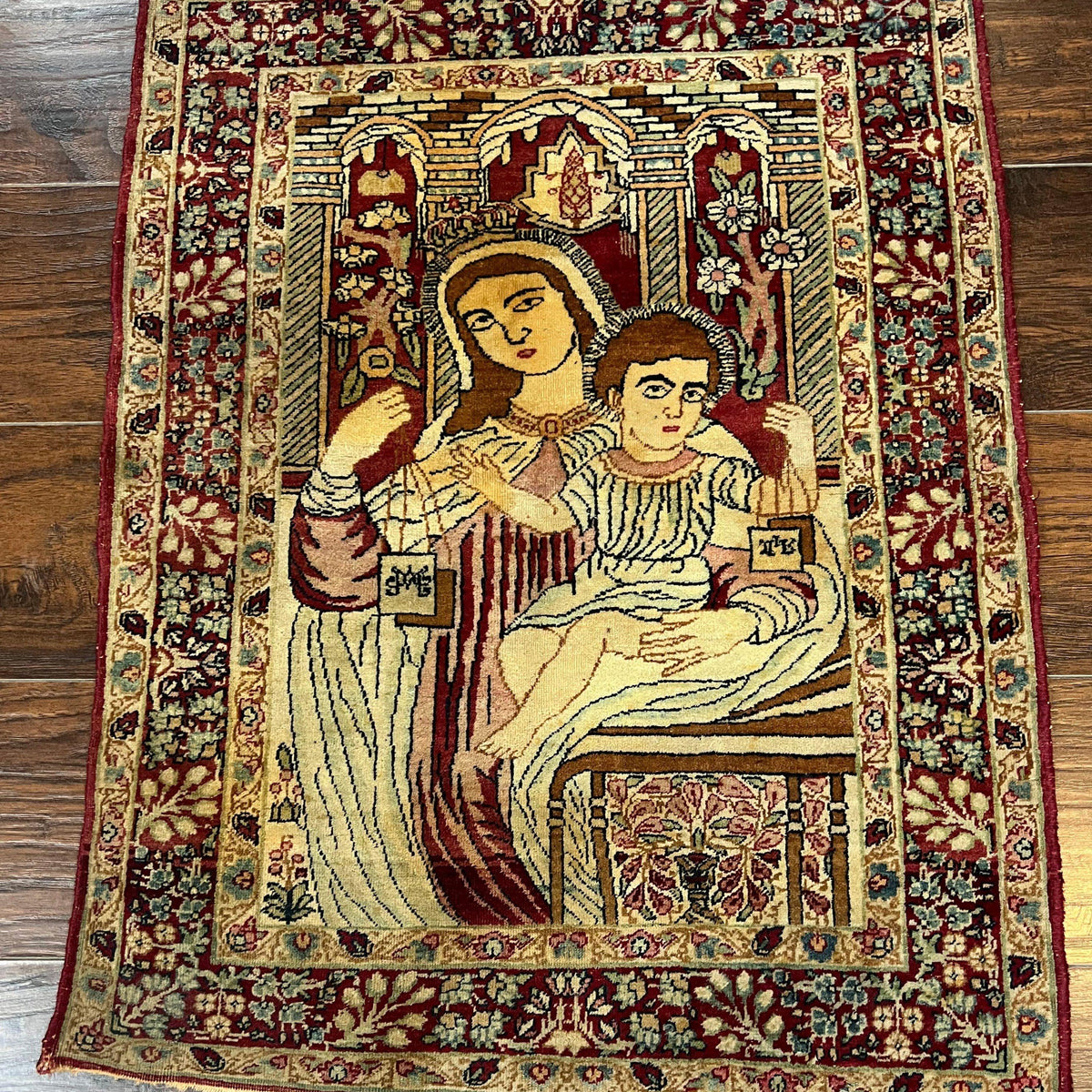 Antique Persian Pictorial Rug 2x3, Virgin Mary and Young Jesus, Rare C ...