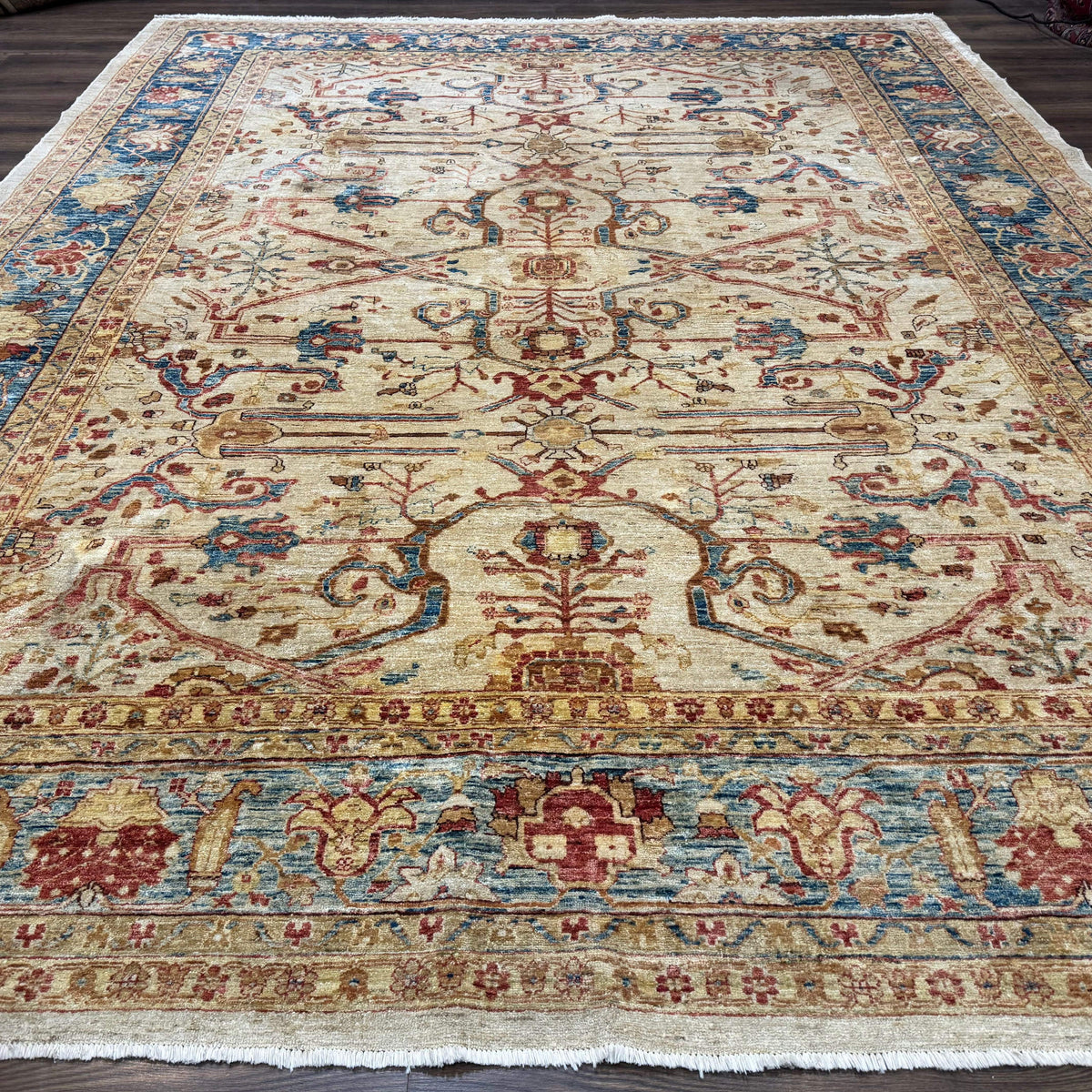 Pakistani Peshawar Rug 10x12 – Tan and Blue, Hand-Knotted Wool Oushak ...