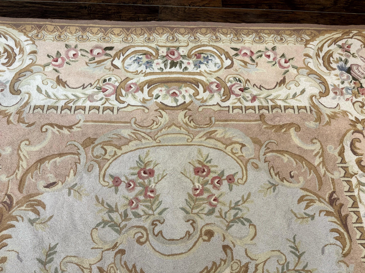 Hooked Aubusson Rug 8x11, Light Blue Ivory Beige Pink, Elegant Europea ...