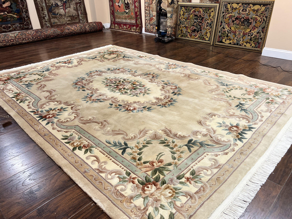 Chinese Wool Rug 8x12, Beige and Cream, Floral Aubusson Rug, Soft Plus ...