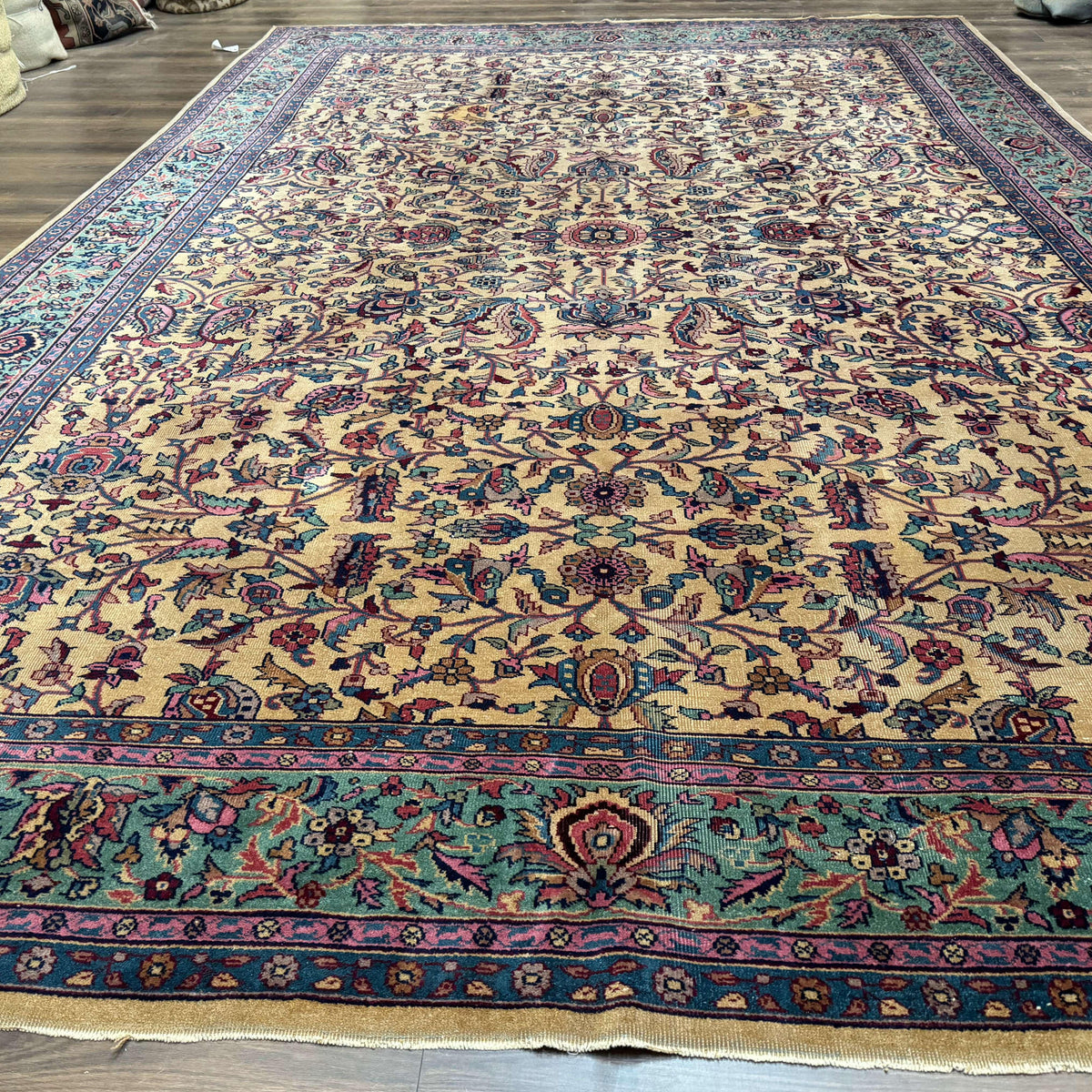 Antique Persian Rug 10x15, Camel and Cyan, Allover Pattern, Rare, Sama ...