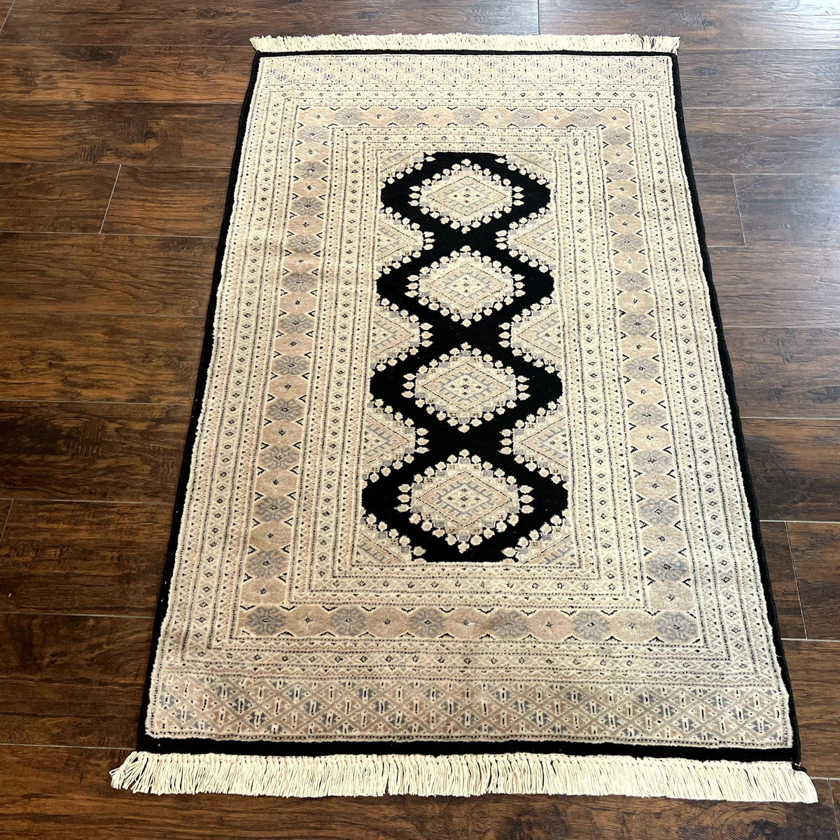 Pakistani Bokhara Rug 3x5, Vintage Turkoman Carpet, Black Gray, Handma ...