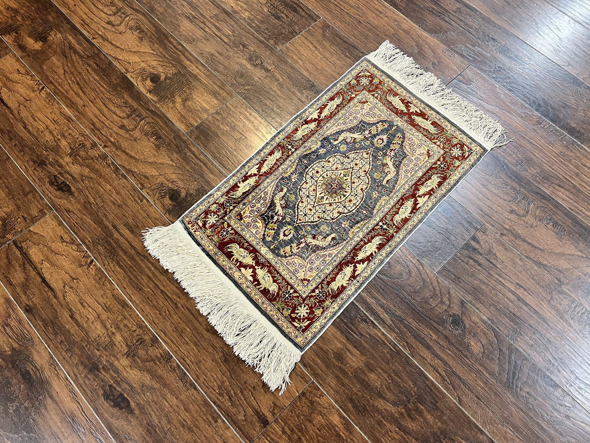 Silk Turkish Hereke Rug 2x3, Peacocks Birds, Signature from Master Wea ...