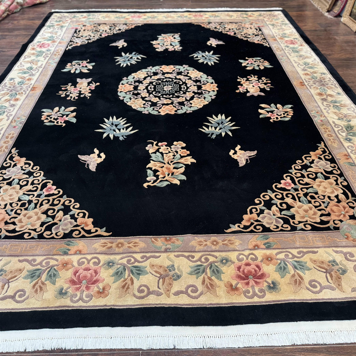 Chinese Wool Rug 9x12, Chinese Carving Carpet, Floral Medallion, Black ...