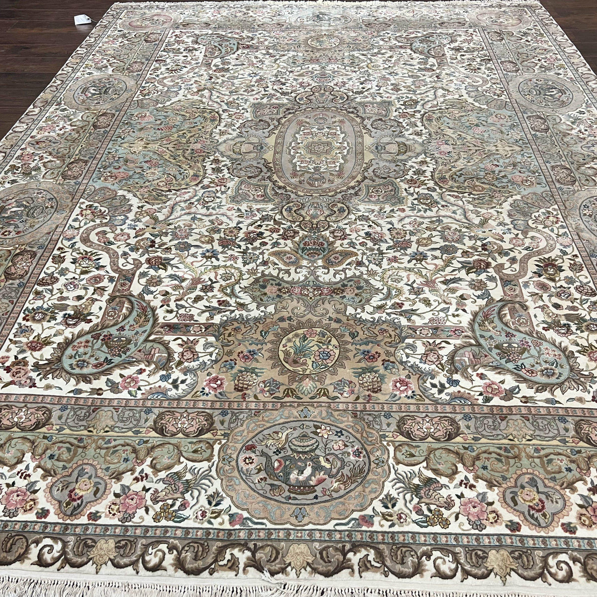 Sino Persian Rug 9x12, Wool on Silk Foundation Hand Knotted Ivory Vint ...