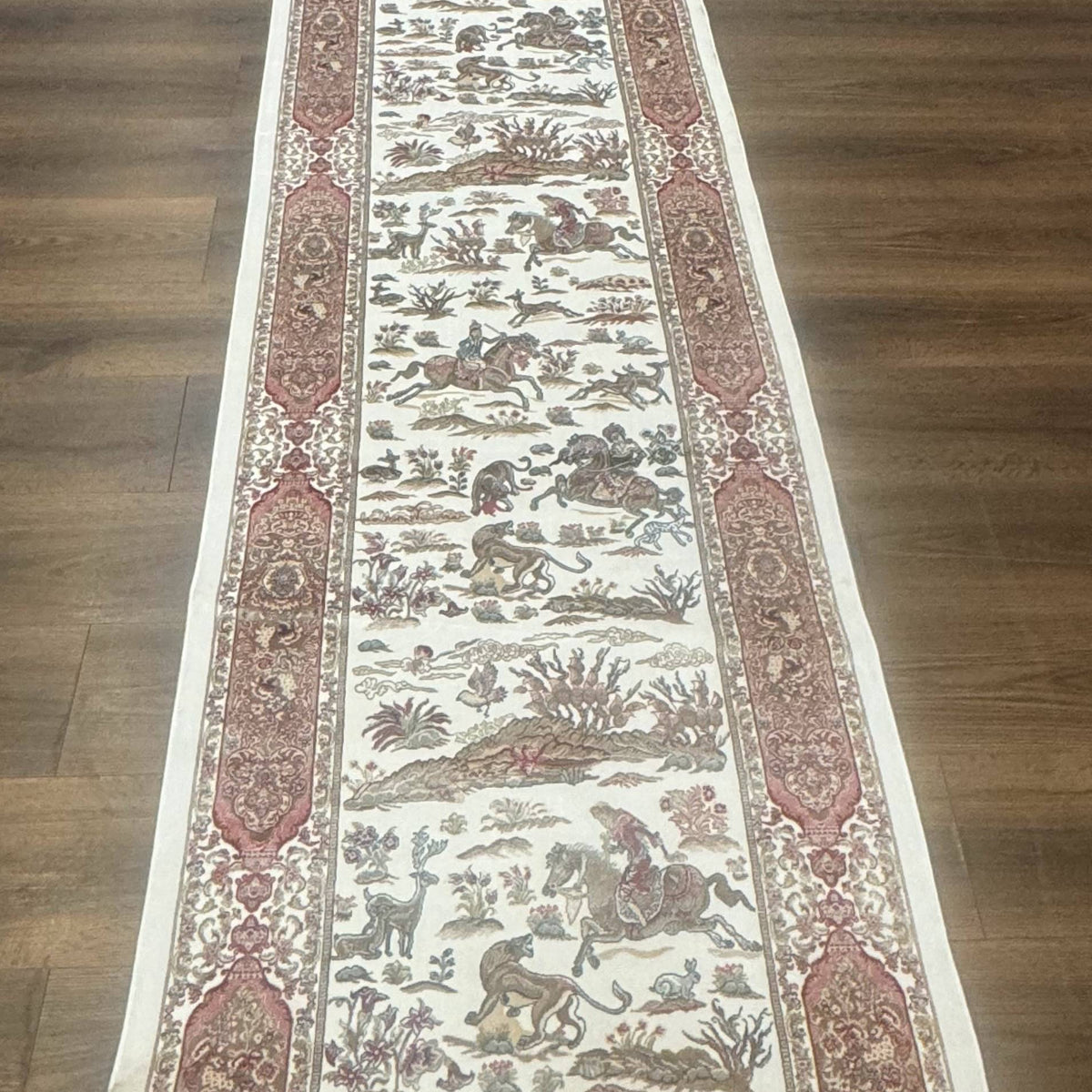 Long Turkish Silk Runner Rug 2.6 x 16.5, Hunting Design, Ivory, Bamboo ...