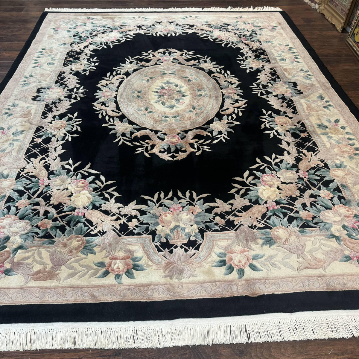 Black Chinese Aubusson Rug 8.5 x 11.6, Wool Pile Chinese Carving Rug ...