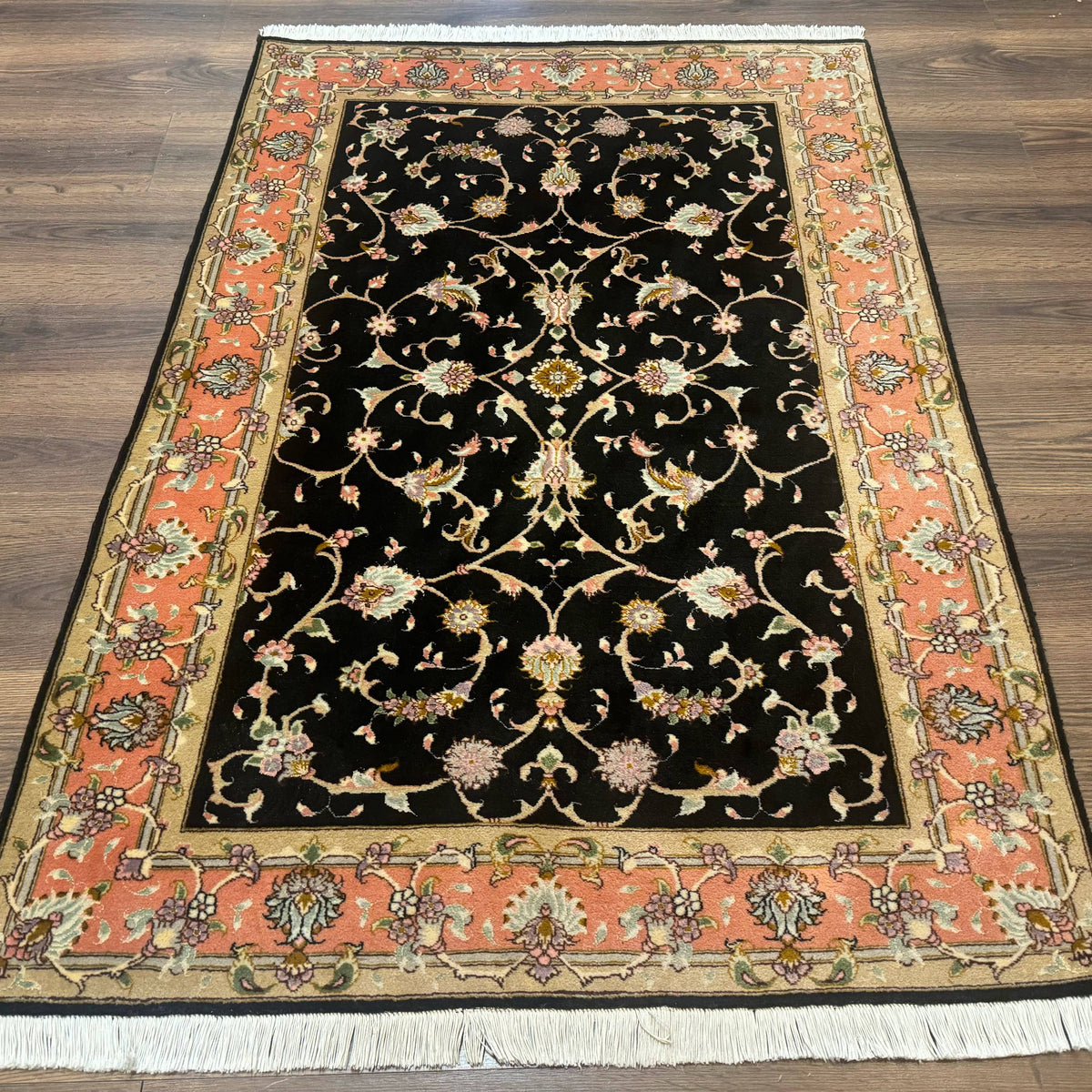 Persian Tabriz Rug 3x5 Black and Salmon Floral Fine Handmade 360 KPSI ...