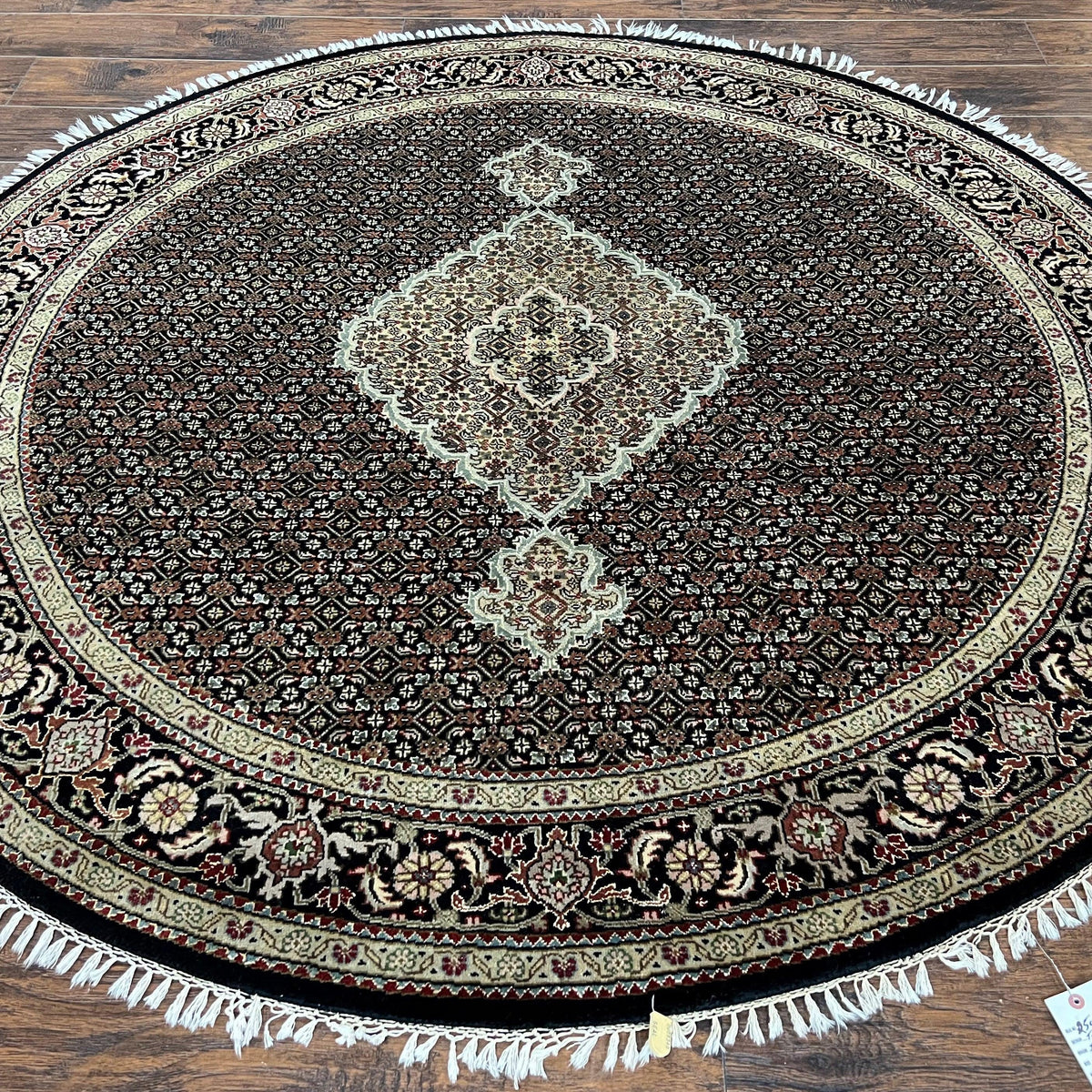 Round Oriental Rug 6.8 x 6.8 ft, Black and Beige Hand-Knotted Wool Ind ...