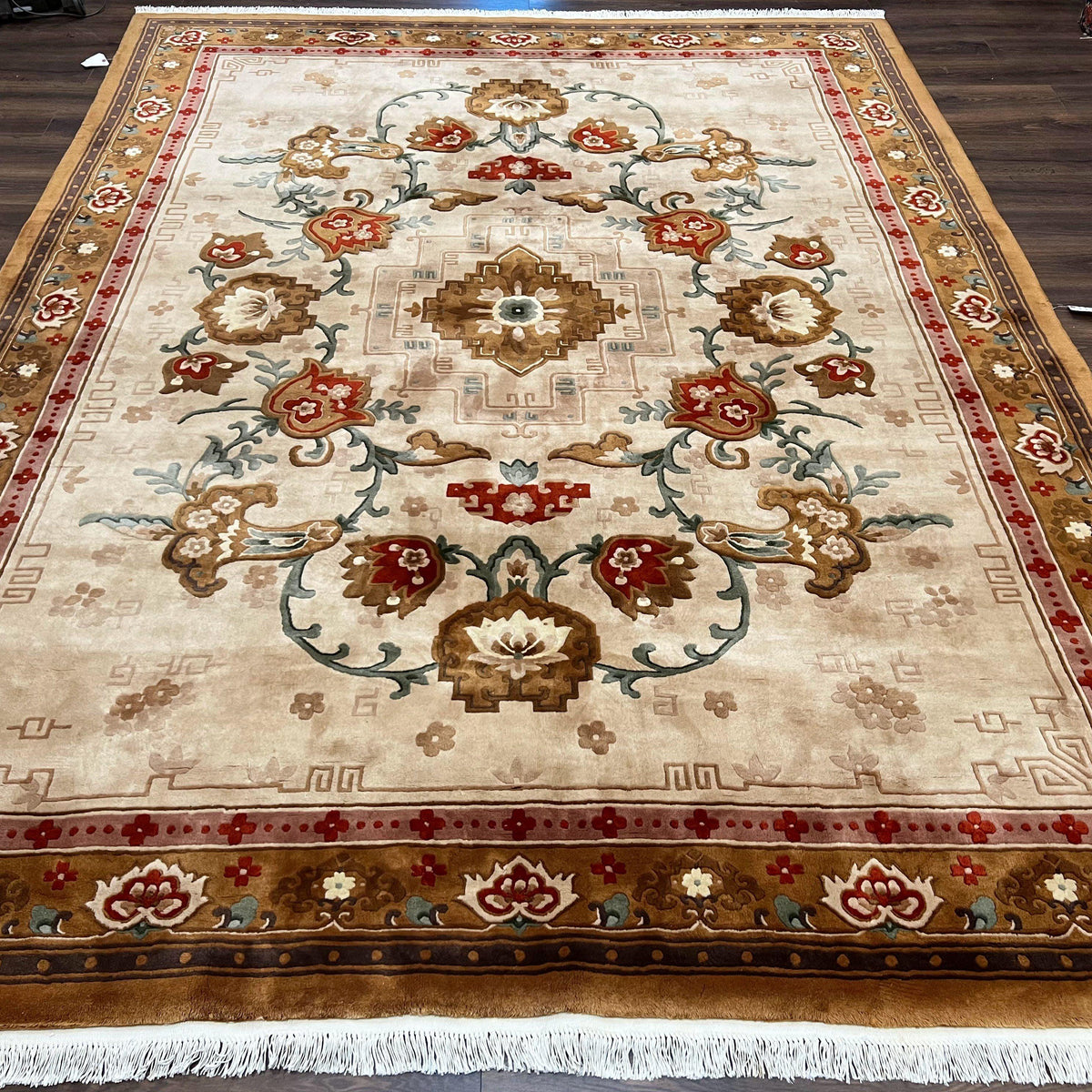 Chinese Wool Rug 9x12, Tan and Brown Asian Art Deco Carpet, Vintage 19 ...