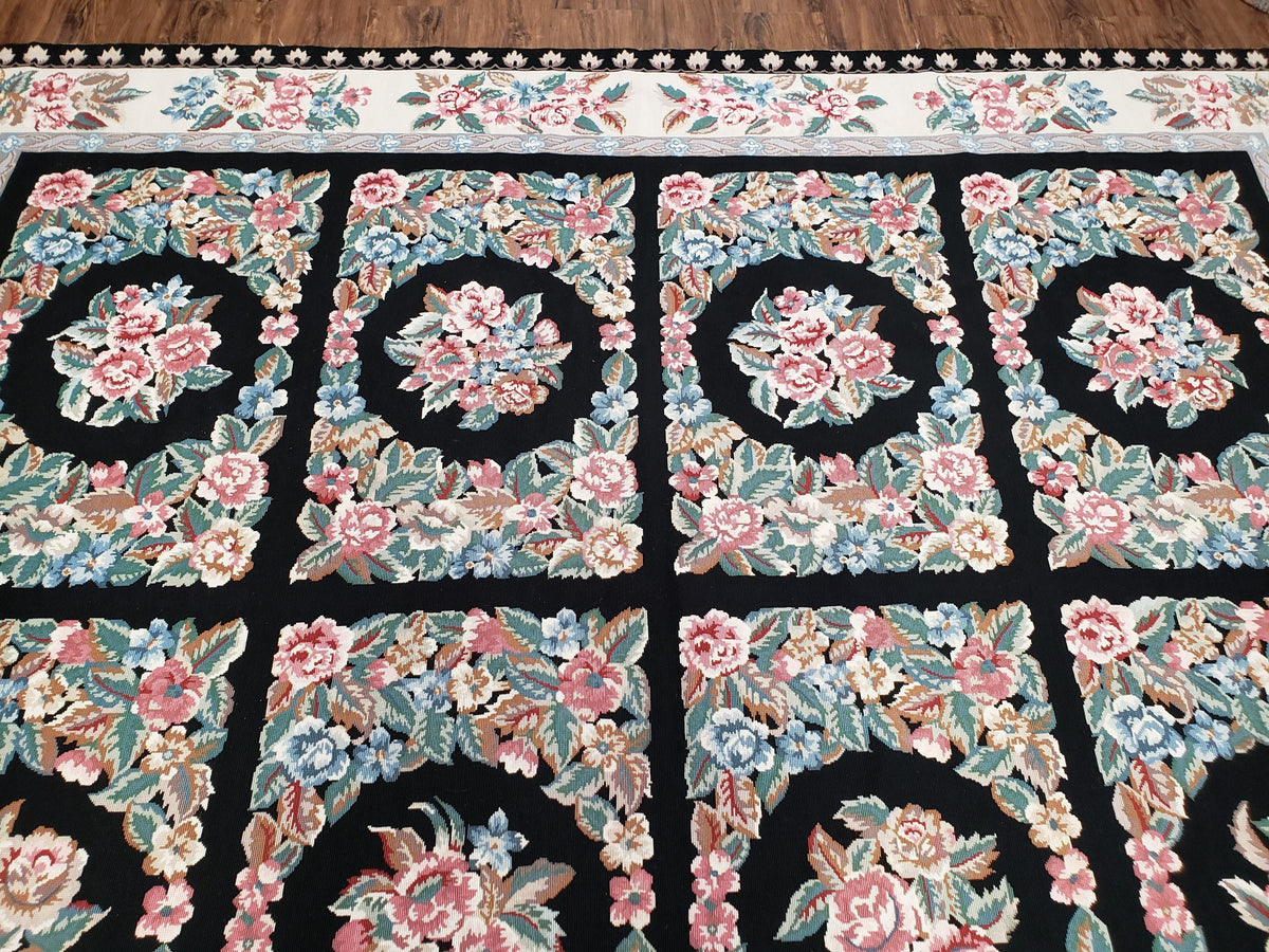 Floral Needlepoint Rug 9.5 x 13.6, Floral Panel Design, Black and Ivor ...