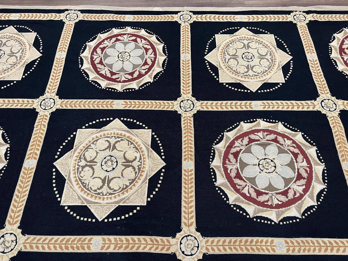 Large Needlepoint Rug 10x13, Panel Design, Black and Beige, Wool Needl ...