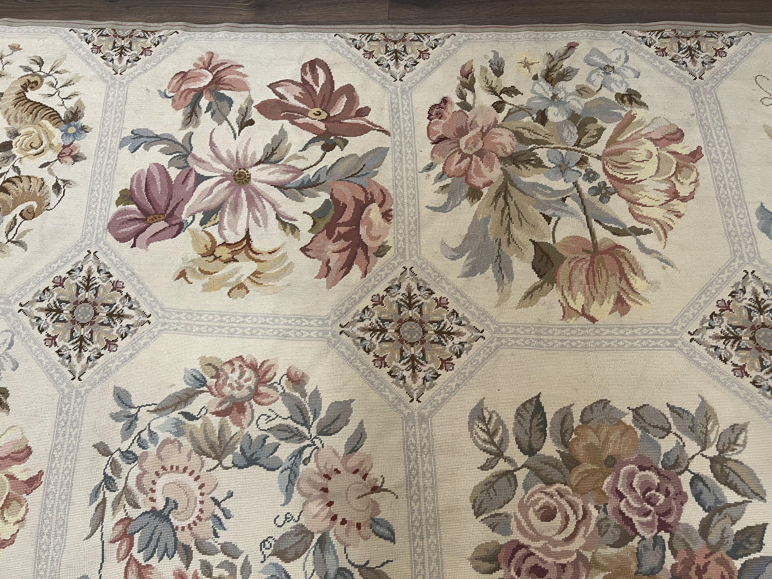 Vintage Needlepoint Rug 8x11, Floral Panel Design, Flatweave Handmade ...