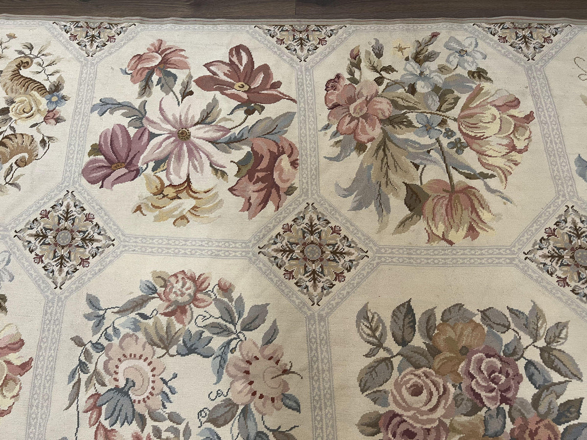 Vintage Needlepoint Rug 8x11, Floral Panel Design, Flatweave Handmade ...