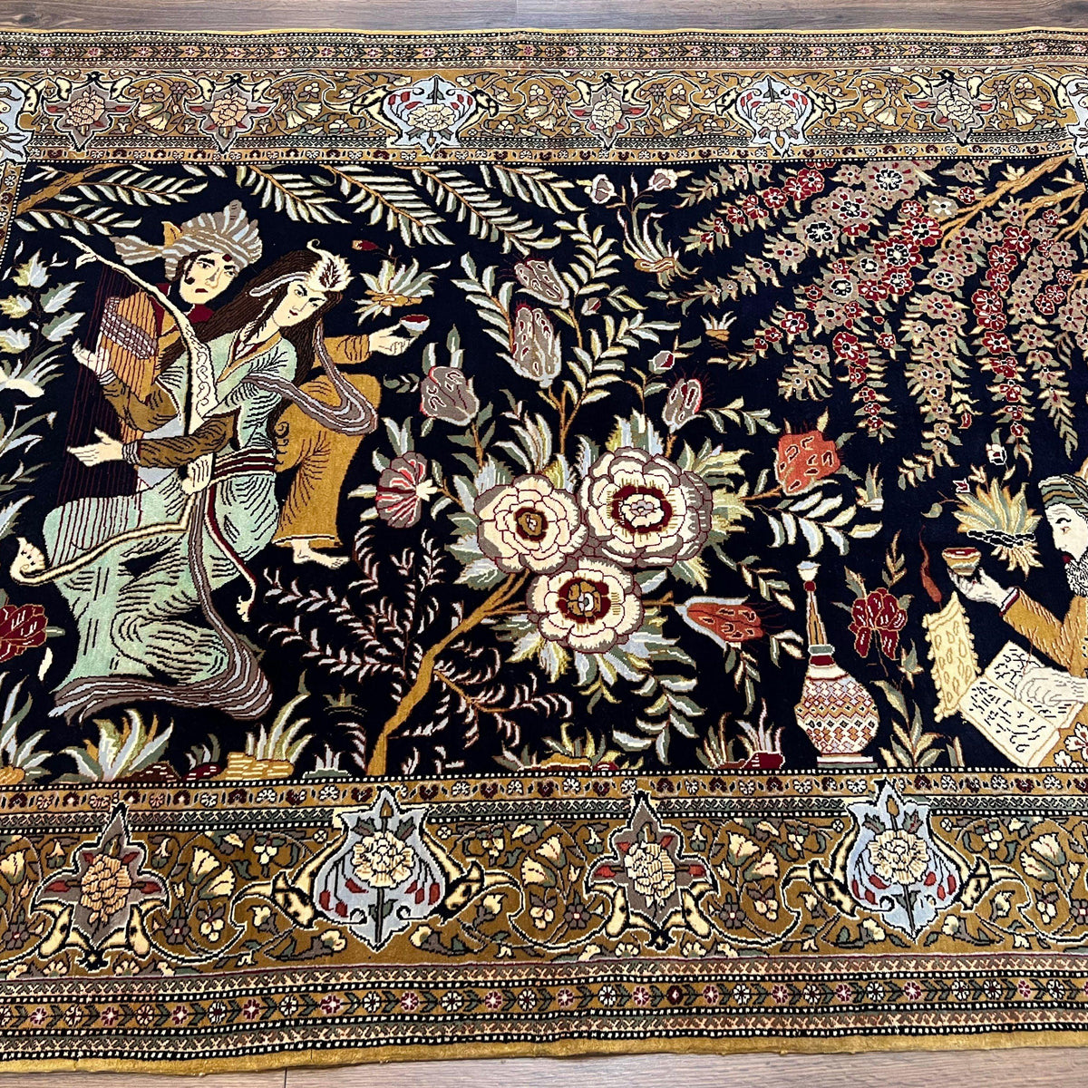 Persian Qum Pictorial Rug 4.8 x 6.5 - Layla & Majnun, Birds – Jewel Rugs