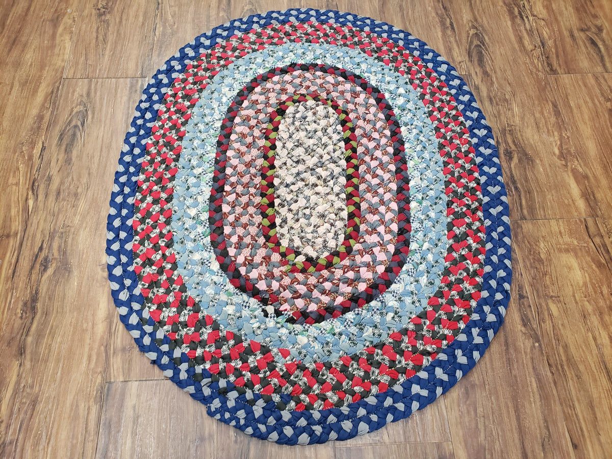 Oval Braided Rug, Vintage Hand Braided Rug, Blue Oval Rug, Multicolor ...