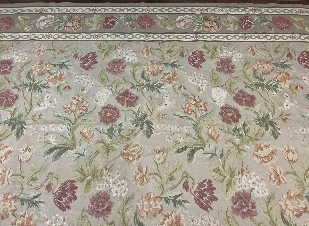 Aubusson Rug 9x12, Pink Beige Light Mauve, Handmade Allover Floral Ros ...