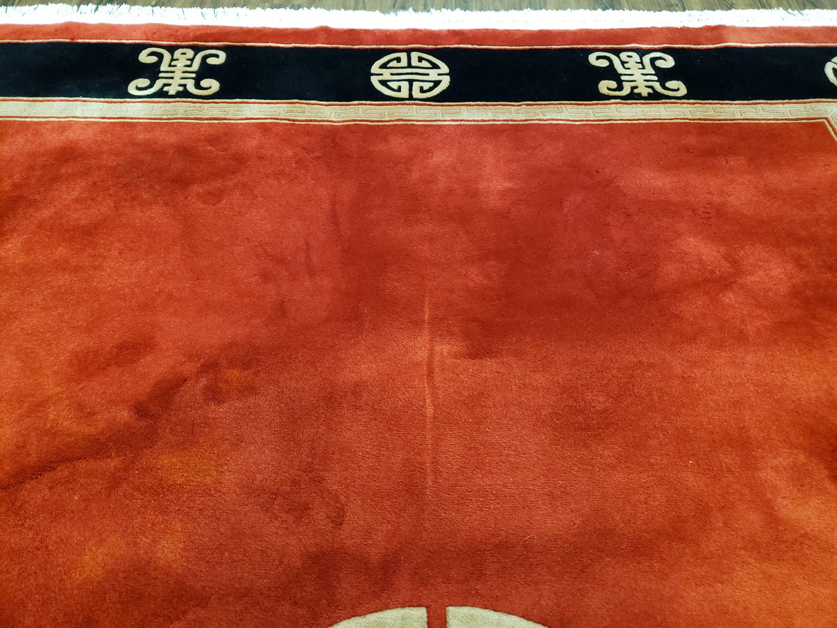 Vintage Chinese Art Deco Rug 8x11, Red & Black Asian Style Carpet, Woo ...
