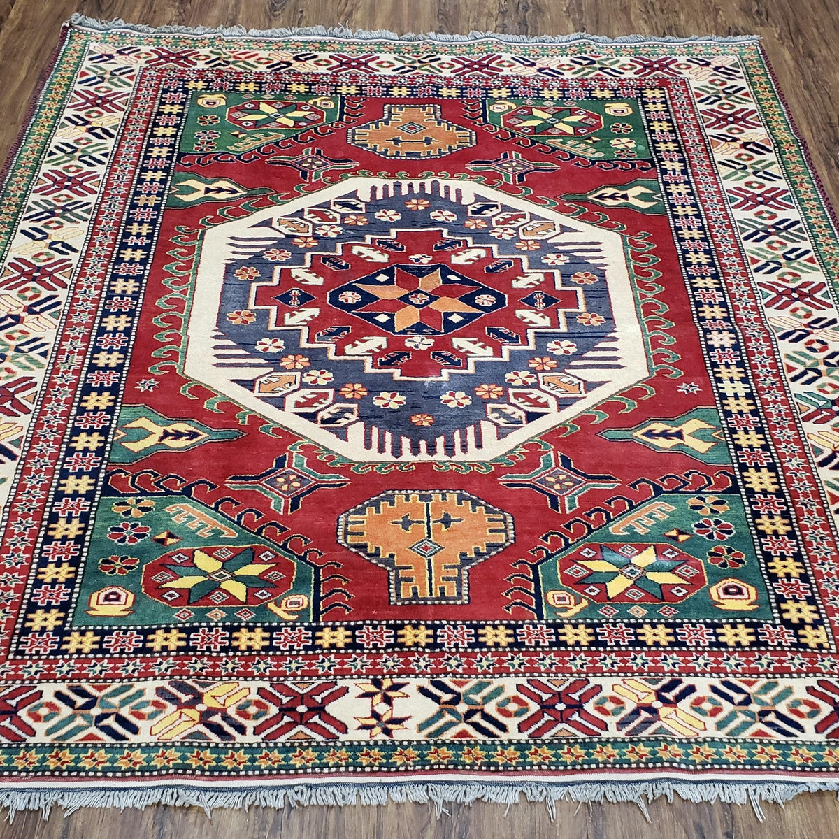 Vintage Turkish Kazak Area Rug, 6ft Square Rug, 6x6 Square Oriental Ca ...