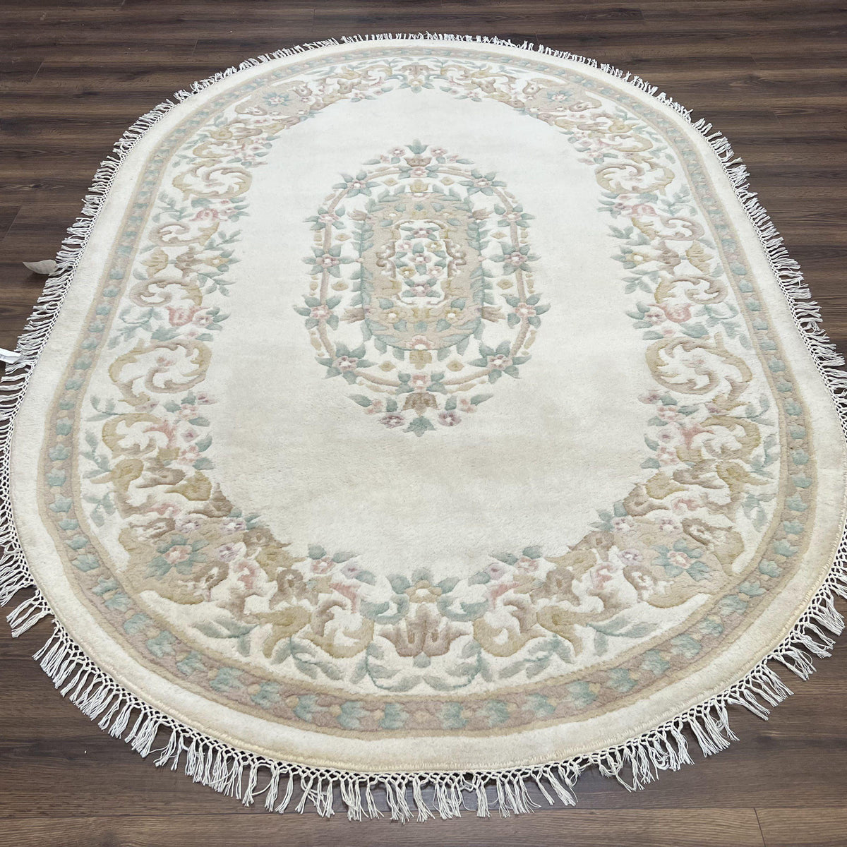 Indo Chinese Oval Rug 6x9, Aubusson Design, Ivory, Hand Knotted Wool C ...