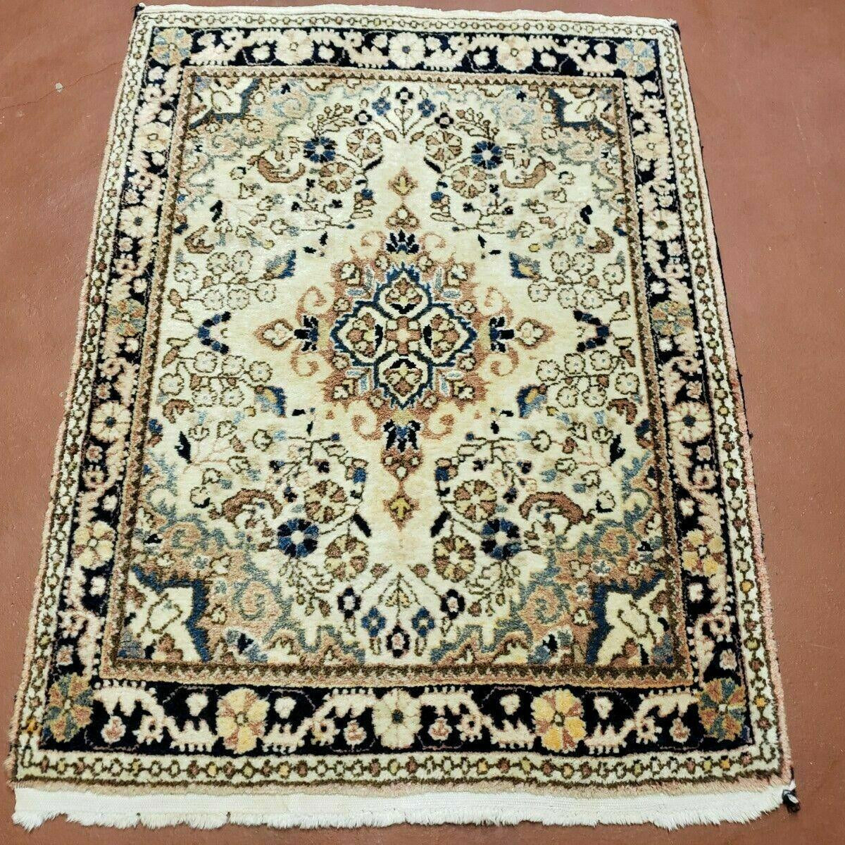 Small Persian Rug 2.4 x 3, Tiny Persian Sarouk Carpet, Cream Navy Blue ...