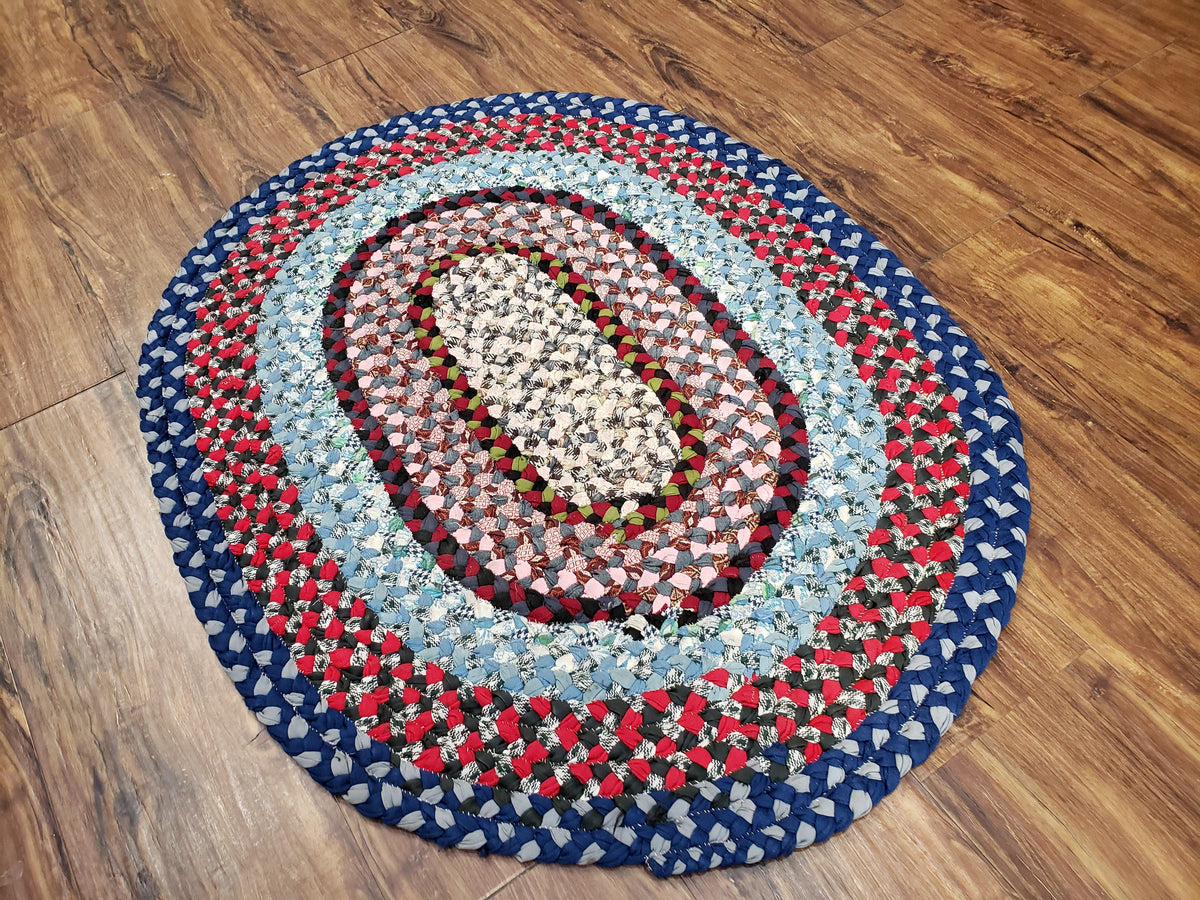 Oval Braided Rug, Vintage Hand Braided Rug, Blue Oval Rug, Multicolor ...