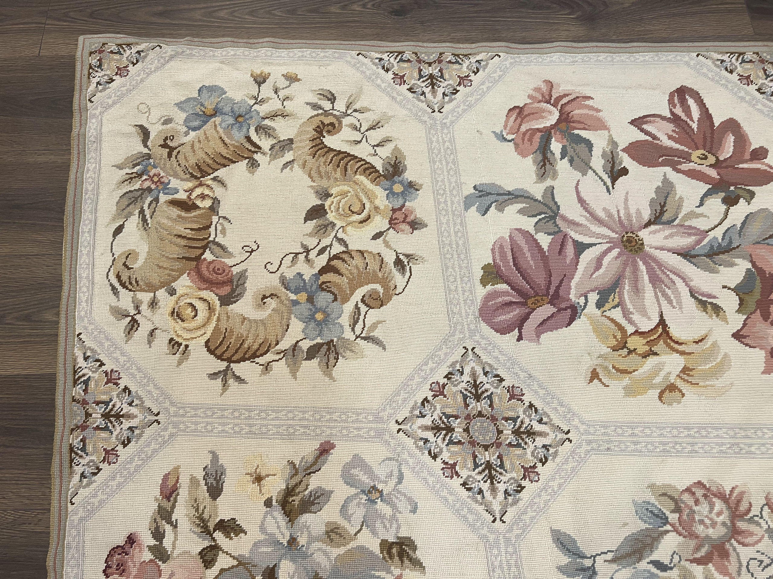 Vintage Needlepoint Rug 8x11, Floral Panel Design, Flatweave Handmade ...
