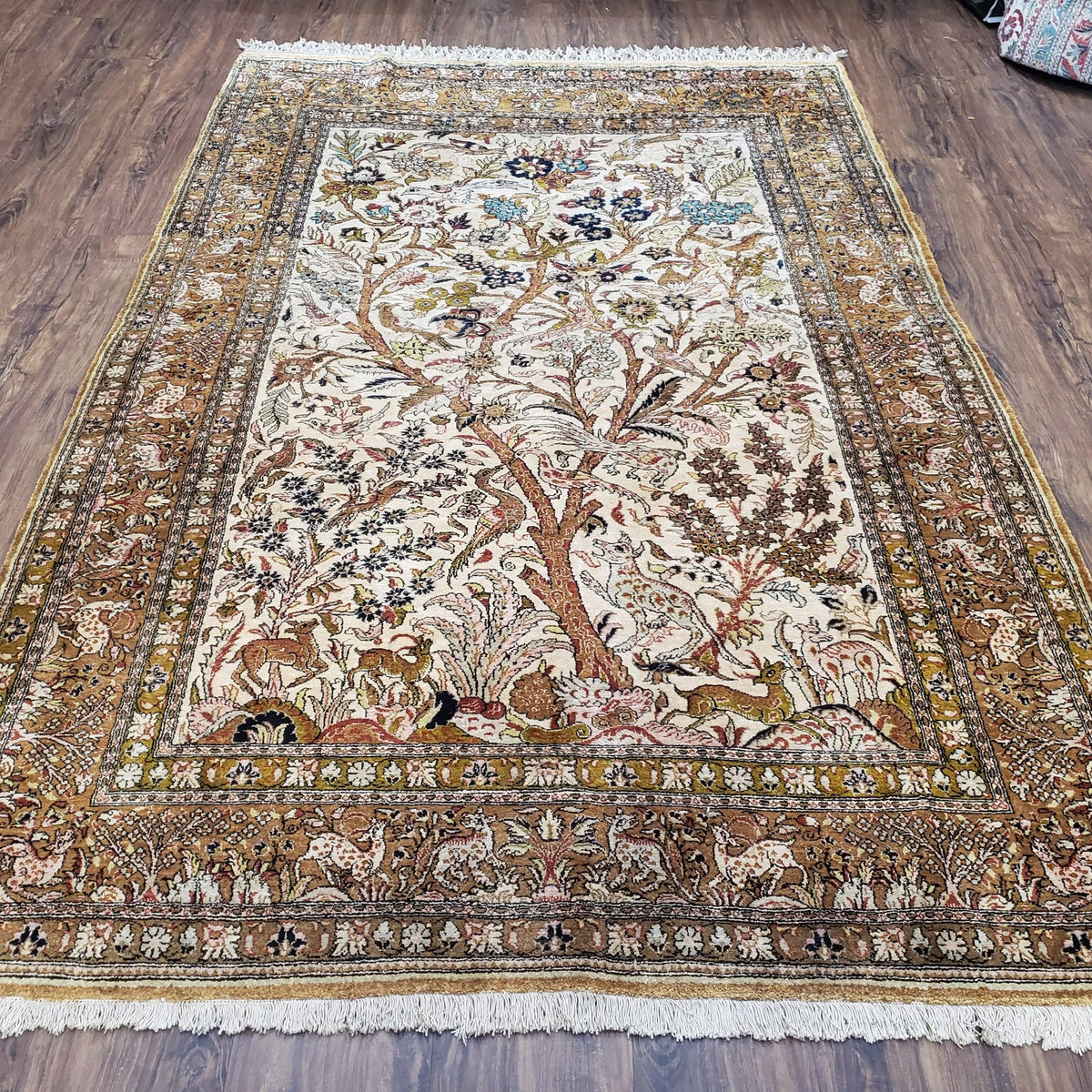 Persian Qum Silk Rug 5x7, Tree of Life Persian Silk Carpet with Animal ...