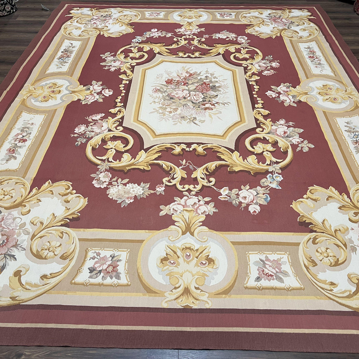 Aubusson Rug 9x12, Red Ivory Gold Tan, Handmade Hand Woven Aubusson Sa ...
