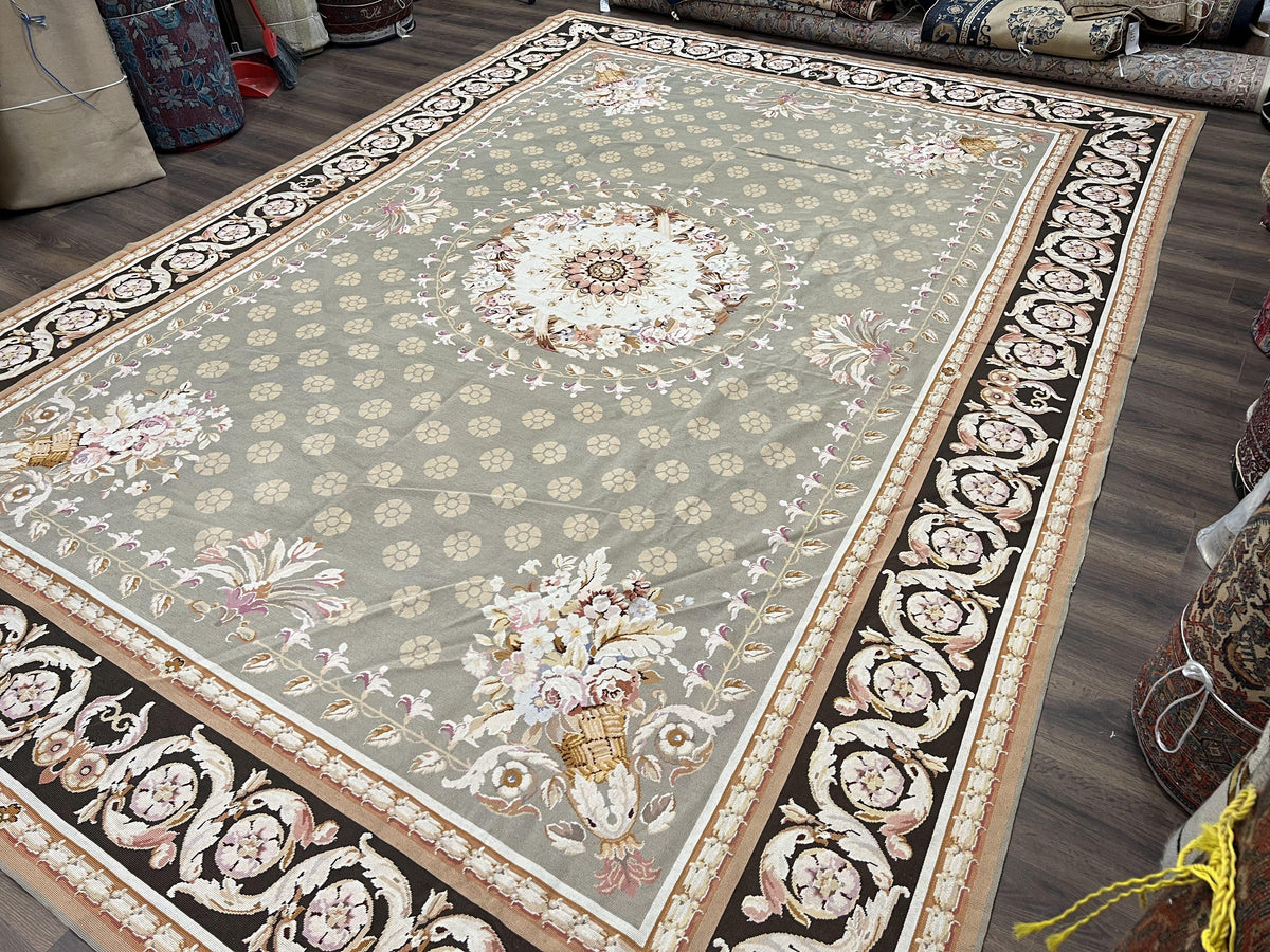 Large Needlepoint Rug 10x14, Sage Green Ivory Black, Elegant Hand Wove ...