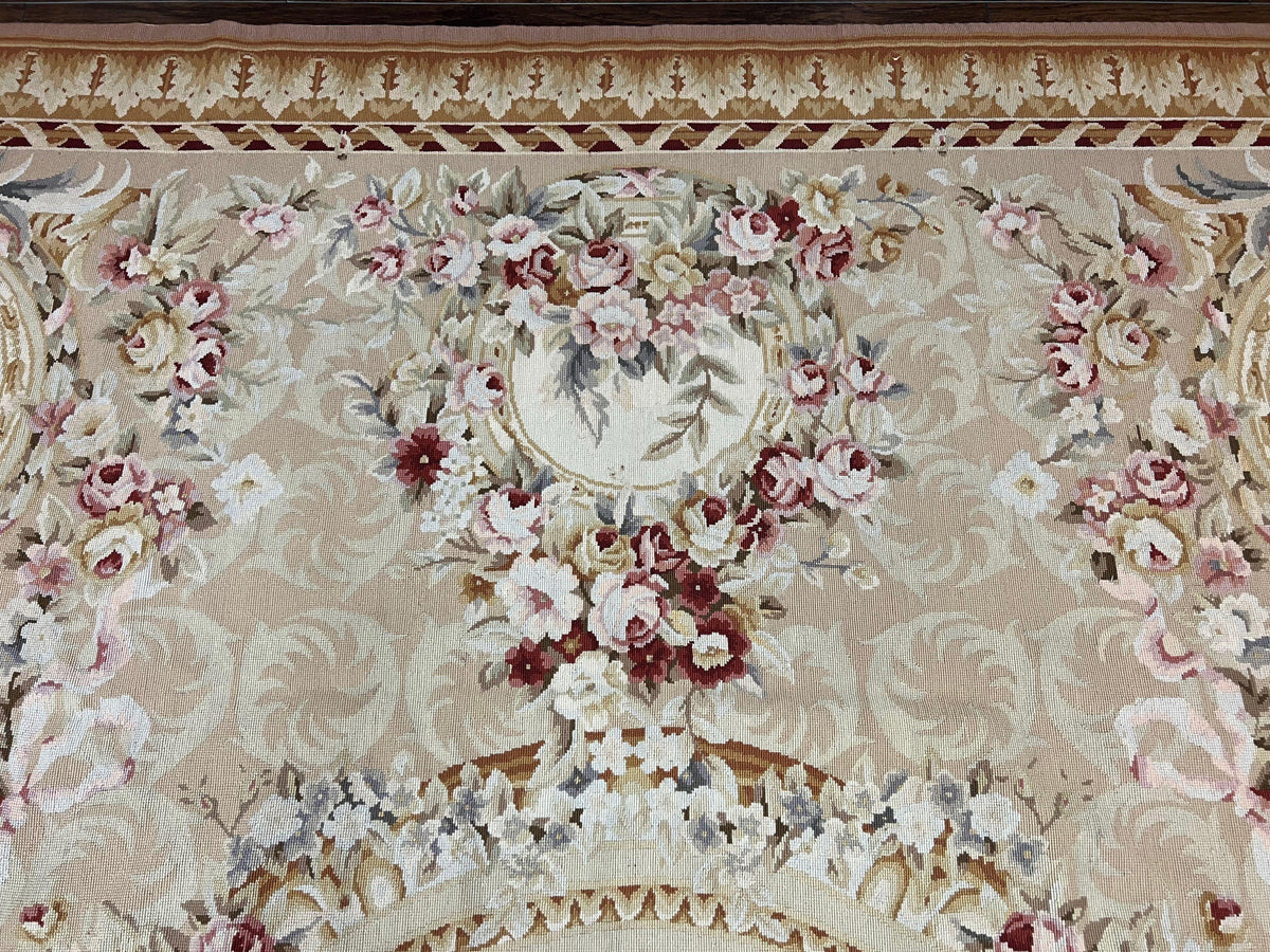Aubusson Rug 9x12, Elegant Savonnerie Carpet 9 x 12 ft, Beige Ivory Ta ...