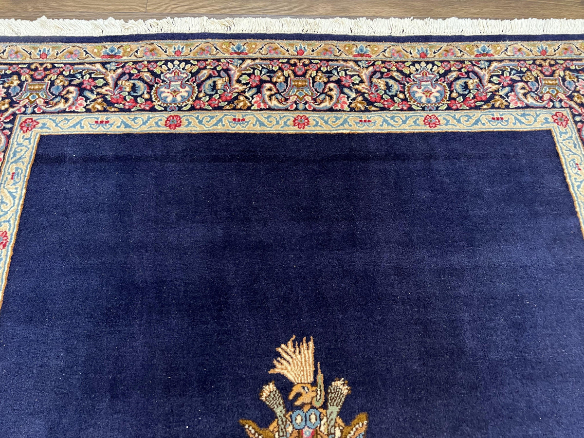 Persian Kirman Rug 5x8, Navy Blue and Beige, Persian Lion with Sword a ...