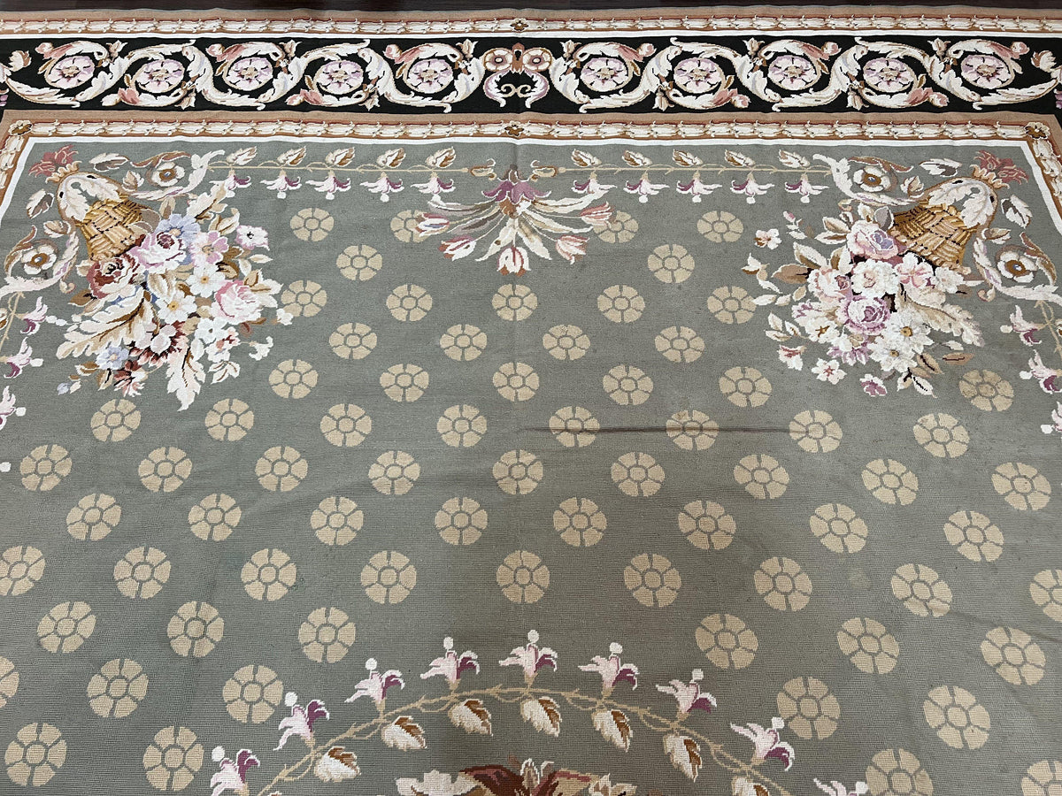 Large Needlepoint Rug 10x14, Sage Green Ivory Black, Elegant Hand Wove ...