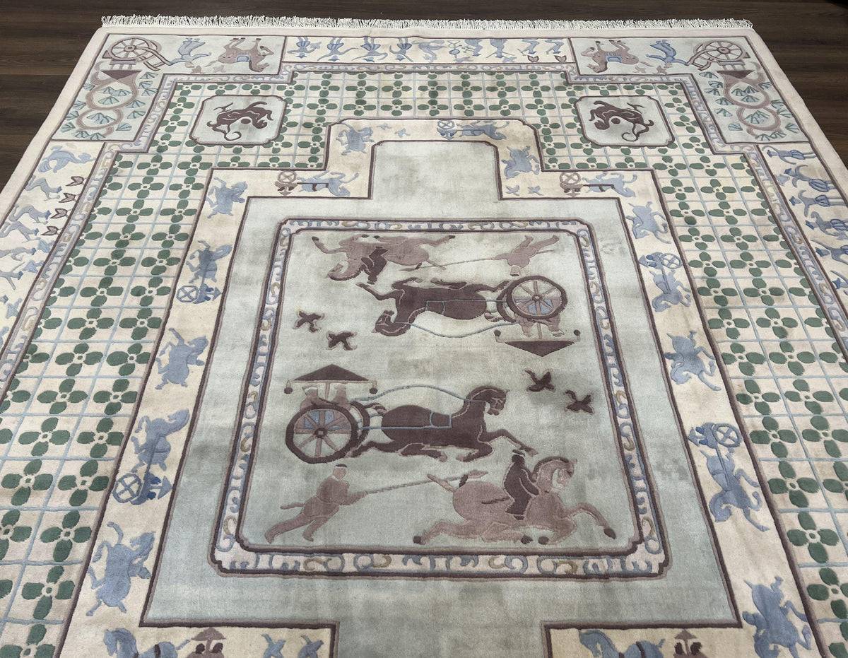 Chinese Wool Rug 8x10, Horses and Chariots, Vintage 1960s Asian Orient ...