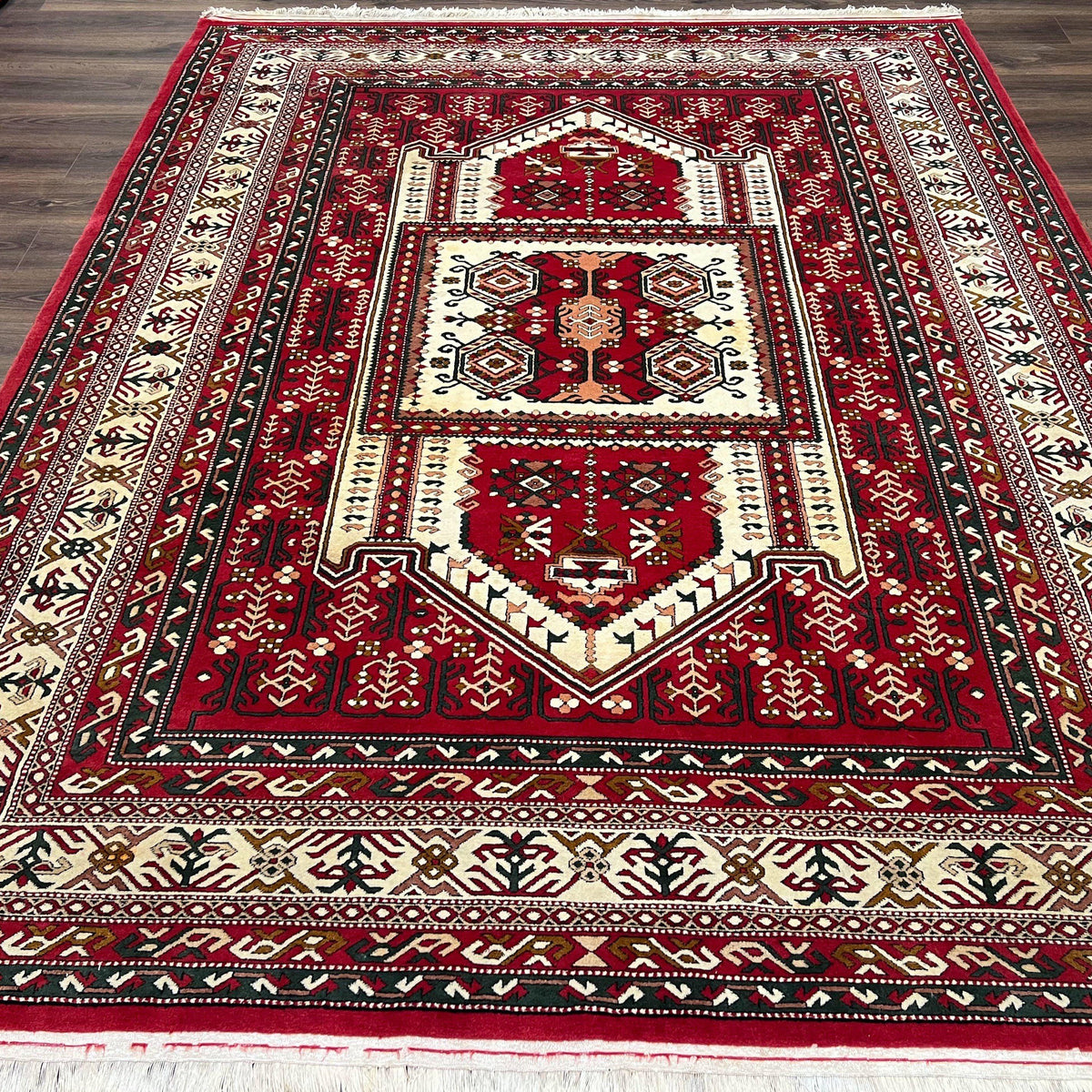 Wool Kazak Pattern Rug 7x10, Geometric Pakistani Hand Knotted Carpet ...