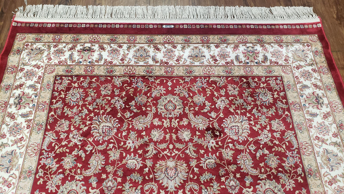 Dark Red Silk Carpet 4 by 6 Oriental Rug, Cream, Allover Pattern, Pers ...